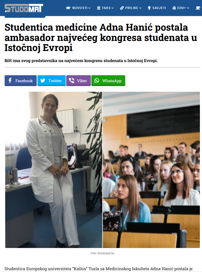 Studentica medicine Adna Hanić postala ambasador najvećeg kongresa ...